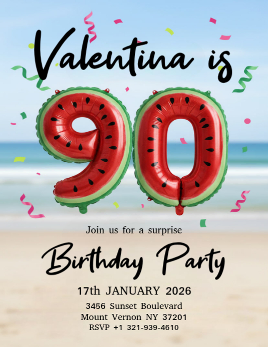 90th birthday invitation watermelon beach Template | PosterMyWall