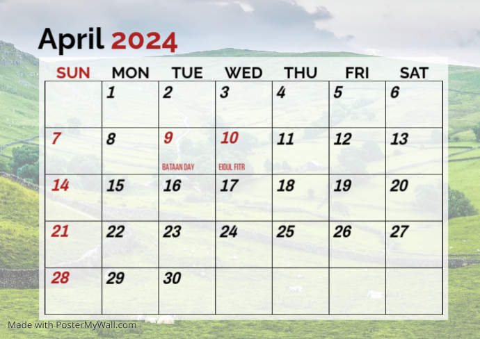 Printable calendar template 2024 april | PosterMyWall