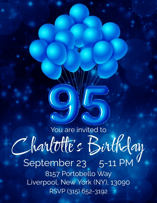 95th birthday party invitation blue balloon Template | PosterMyWall