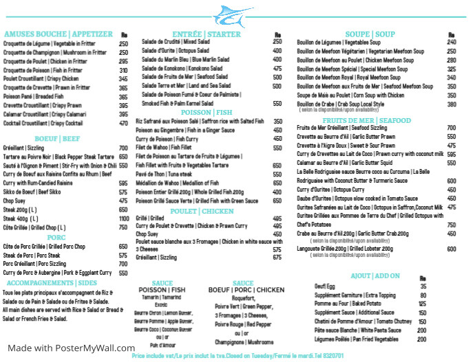 MENU MARLIN BLEU JUIN 2024 RECTO | PosterMyWall