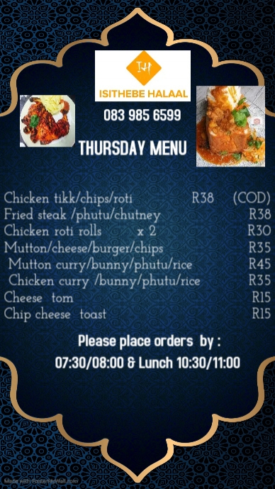 Thursday menu isithebe halaal | PosterMyWall