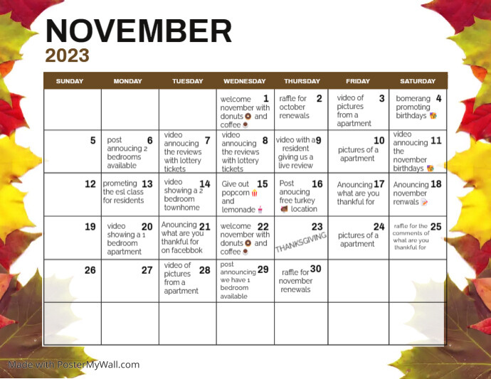 November 2023 Monthly Events Calendar | PosterMyWall