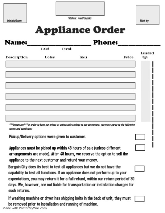 Appliance Order 8-30-21 | PosterMyWall