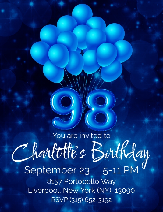 98th birthday party invitation blue balloon Template | PosterMyWall