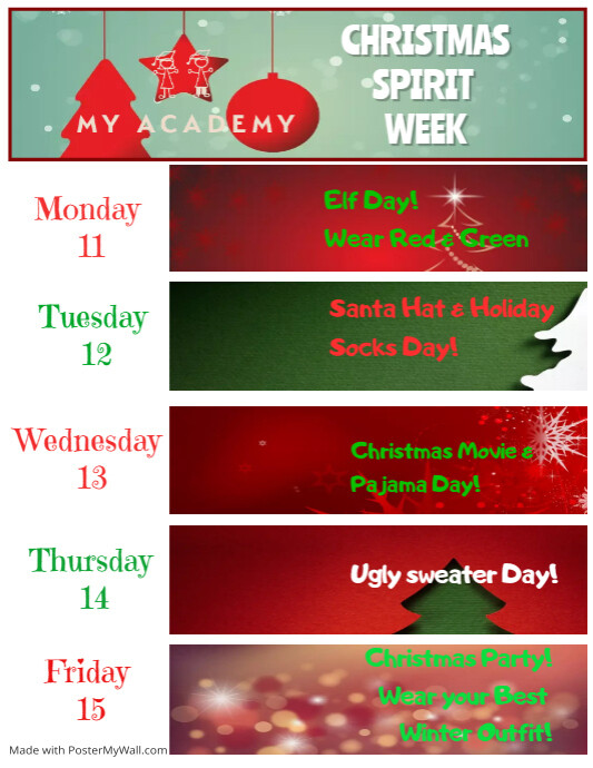 spirit week, school, calendar of events, chri | PosterMyWall