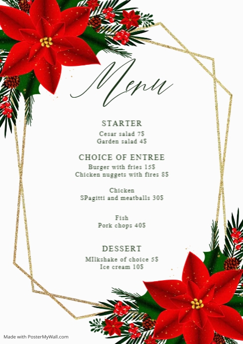 Red Poinsettia Pine Greenery Christmas Menu | PosterMyWall