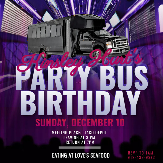 Purple Birthday Party Bus template | PosterMyWall