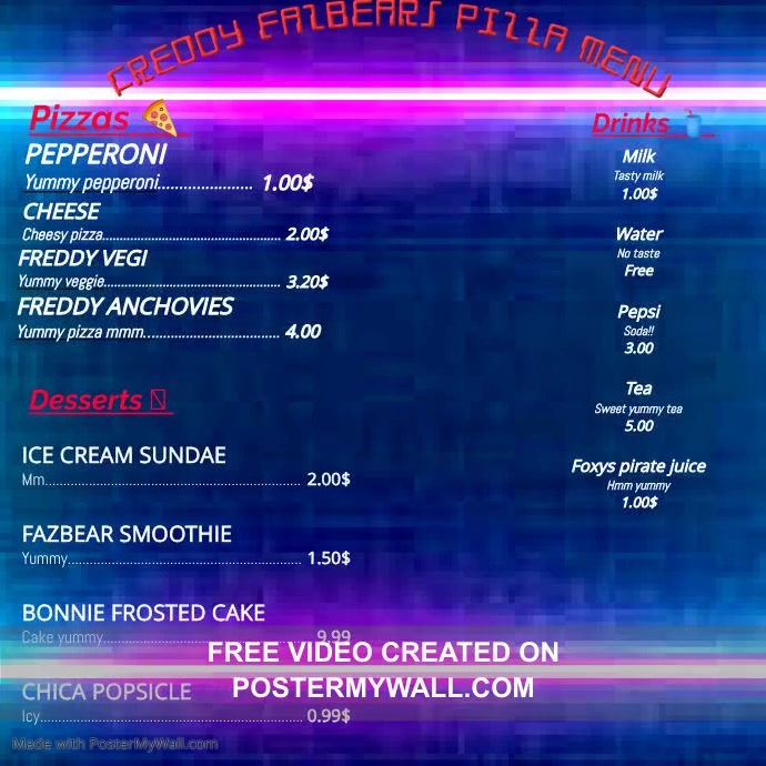 Freddy fazbears pizza menu | PosterMyWall