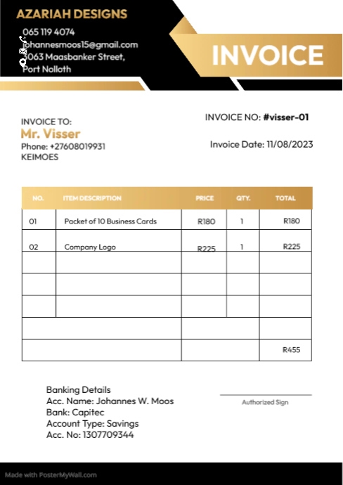 Gold Invoice Template | PosterMyWall