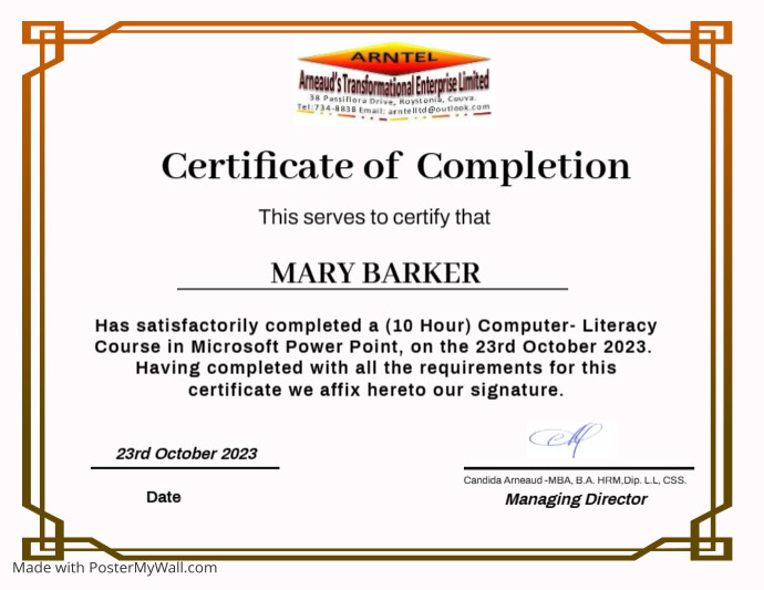 Copy of Mary Computer Literacy Certificate | PosterMyWall