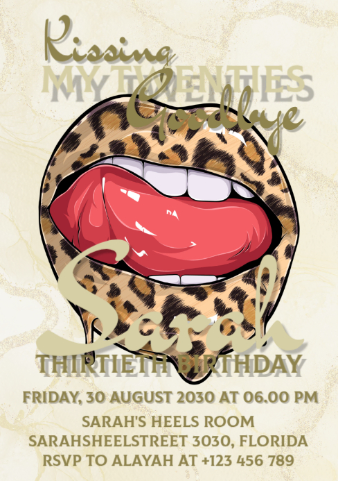 A Kissing my twenties goodbye gold leopard birthday invitation Template ...