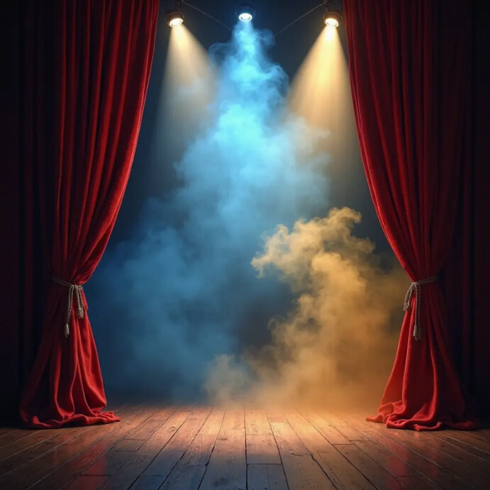 Copy of A theatrical stage with dramatic red and blue velvet curtains ...