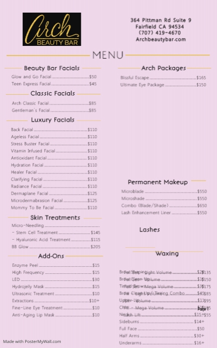Arch Beauty Bar Menu Page 1 | PosterMyWall