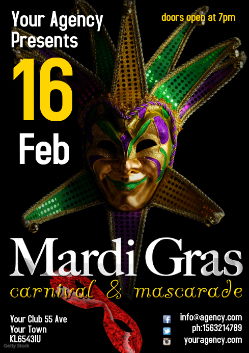 A4 Mardi Gras Leaflet Template | PosterMyWall