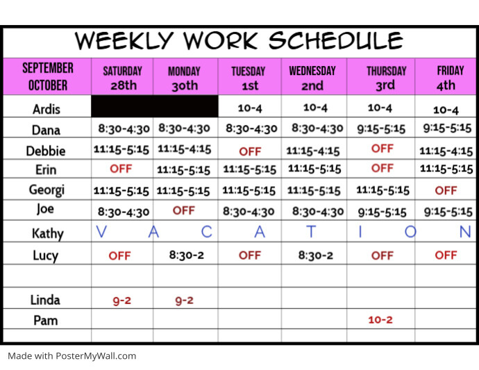 Copy of Weekly Work Schedule Template | PosterMyWall