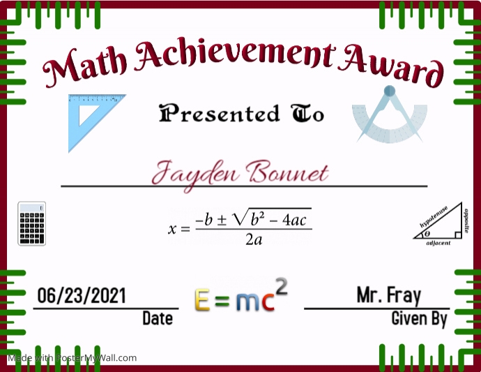 Math Award Jayden B | PosterMyWall