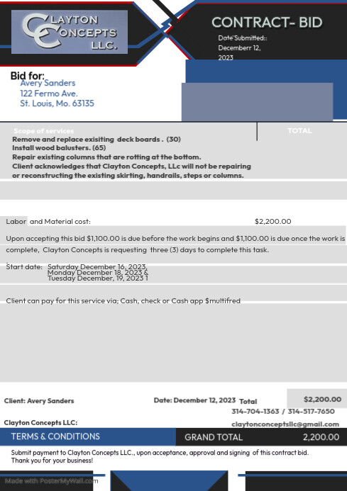 Clayton Concepts LLC Bid for Deck Repair at 6909 Roland | PosterMyWall