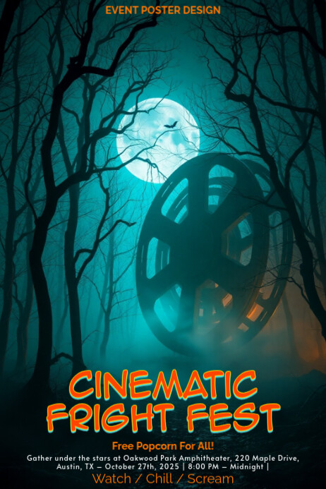 Copy of Abstract Cinematic Fright Fest – Moonlit Forest With Glowing Film Reel And Mist Poster ...
