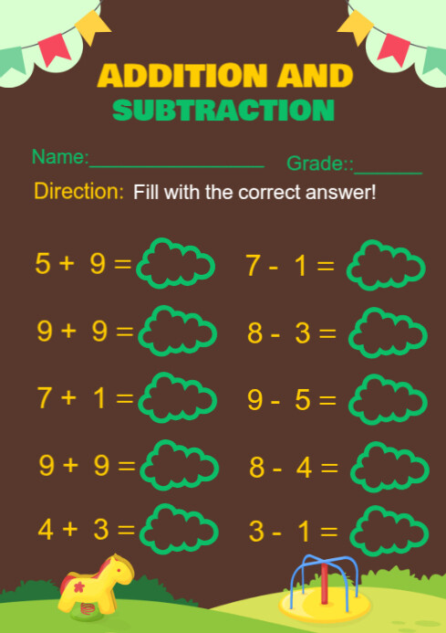 Addition and subtraction children learning worksheets design template ...