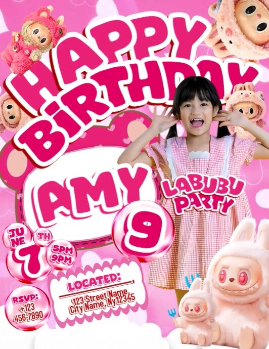Adorable 9th Birthday Bash: Amy's Labubu Party Extravaganza Template | PosterMyWall
