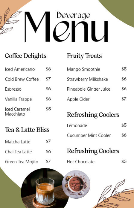 Aesthetic Beverage Menu Editable Template (Half Page Wide) | PosterMyWall