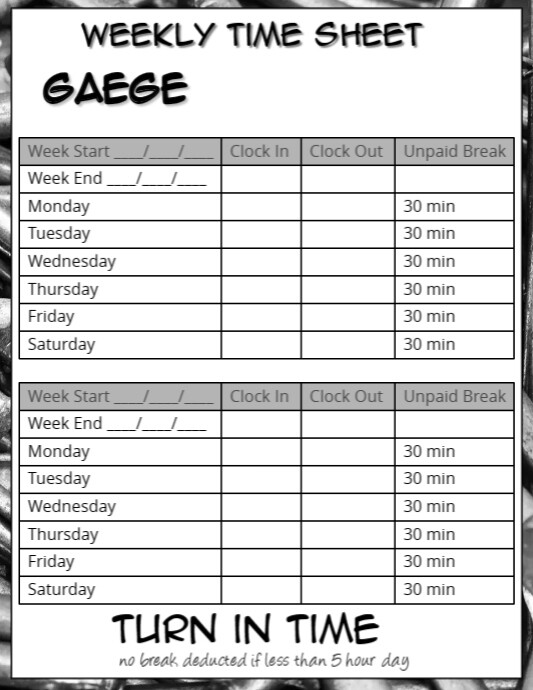 Employee/Student Weekly Time Sheet | PosterMyWall