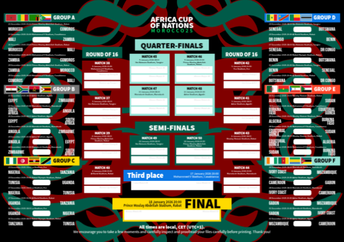 AFCON Flags Wall Chart 2025 Morocco Template | PosterMyWall