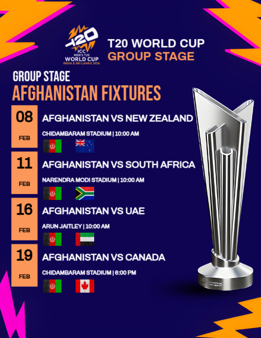 Afghanistan t20 world cup group stage fixtures Template | PosterMyWall