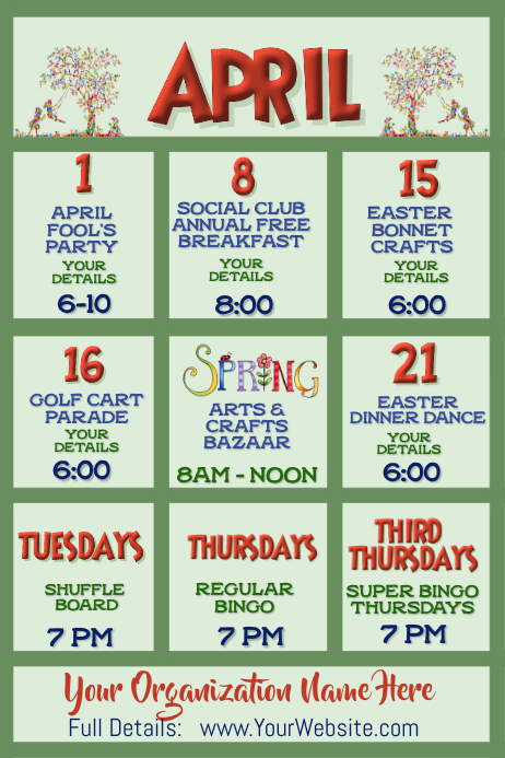 April Upcoming Events Calendar Newsletter Template | PosterMyWall