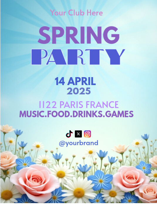 Aqua blue Floral Spring Party club invitation Flyer Template | PosterMyWall
