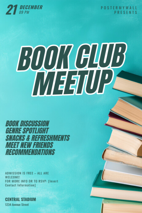 Aqua Book Club Meetup Poster Template | PosterMyWall