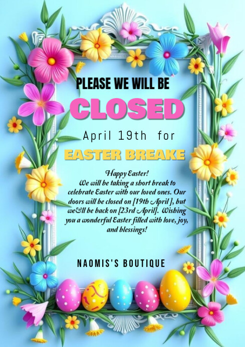 Aqua Floral We Are Closed For Easter A4 Template | PosterMyWall