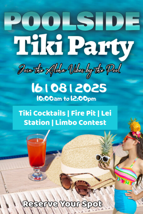 Aqua Illustrative Poolside Tiki Party Poster Template Postermywall