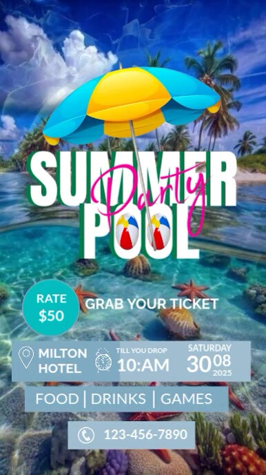 Aqua Illustrative Summer Pool Party Digital Display (9:16) Template ...