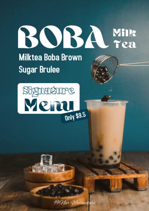Aqua Ilustratif Boba Milk Tea A5 Template | PosterMyWall