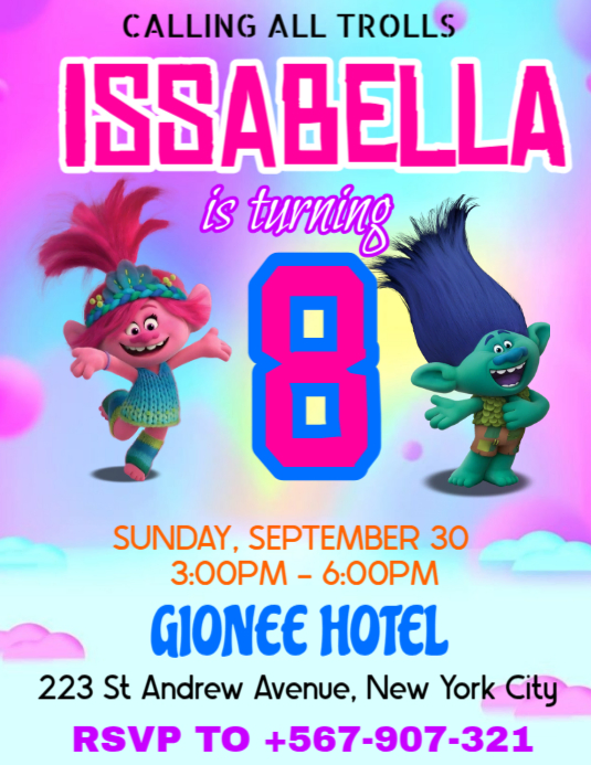 Aqua Joyful Colorful Trolls Birthday Party Invitation Flyer (us Letter ...