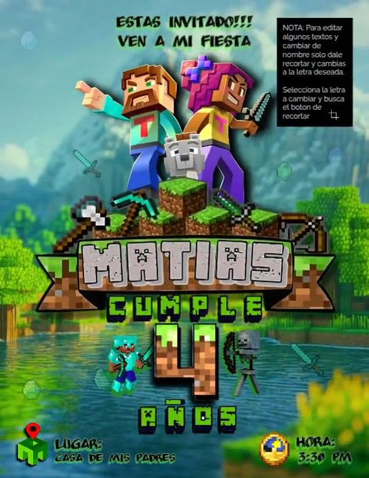 Aqua Joyful Invitacion De Cumpleaños De Minecraft 2026 Flyer (us Letter ...