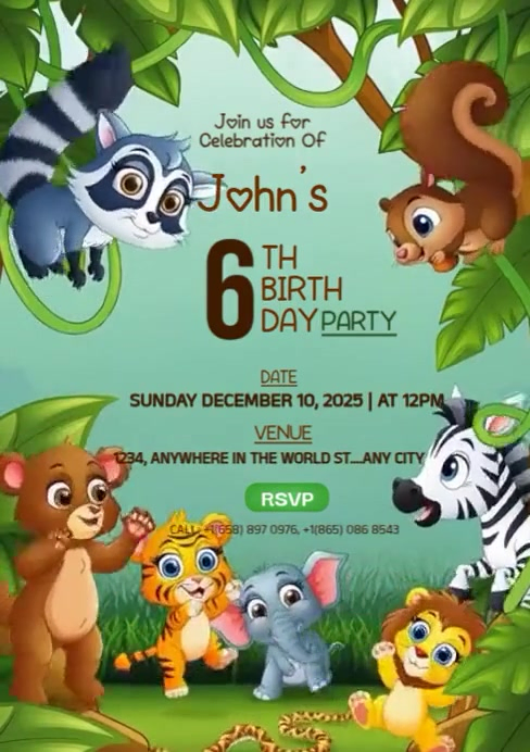 Aqua Joyful Jungle Safari Animals Birthday Invitation - Wild 6th ...