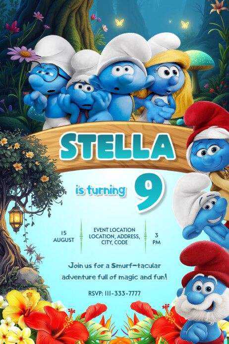 Aqua Joyful Smurf Birthday Invitation Poster Template | PosterMyWall