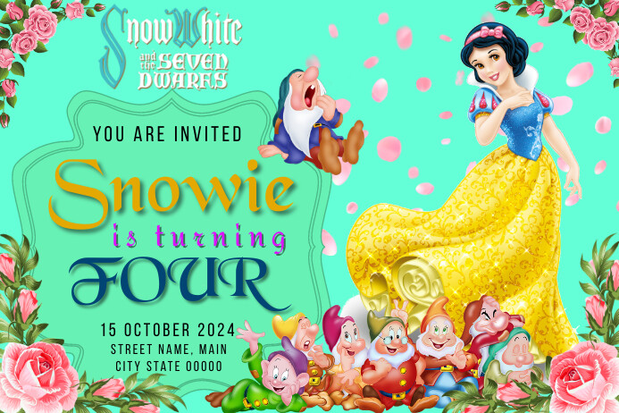 Aqua Joyful Snow White Birthday Poster Template | PosterMyWall