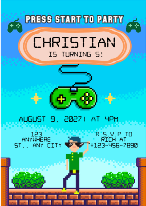 Modèle Aqua Maximalist Fun Pixel Art Birthday Invitation With Retro ...