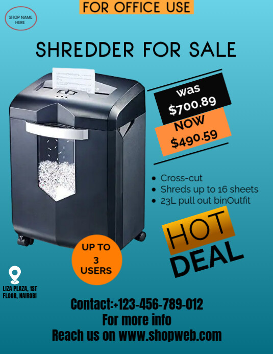 Aqua Maximalist Shredder For Sale Flyer (us Letter) Template | PosterMyWall