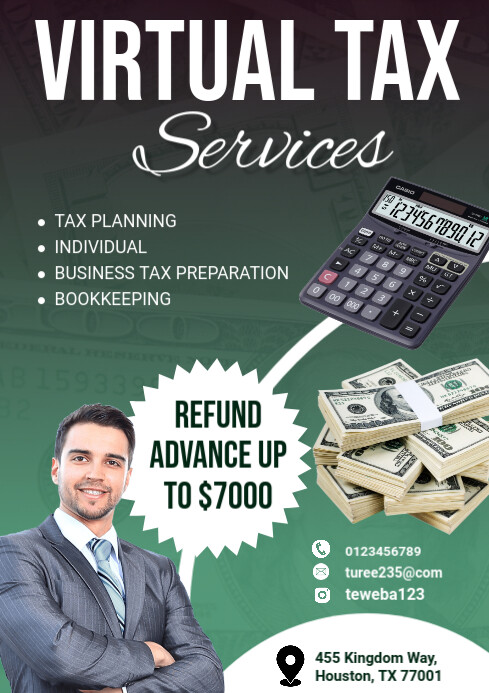 Aqua Maximalist Virtual Tax Solution Flyers A4 Template | PosterMyWall