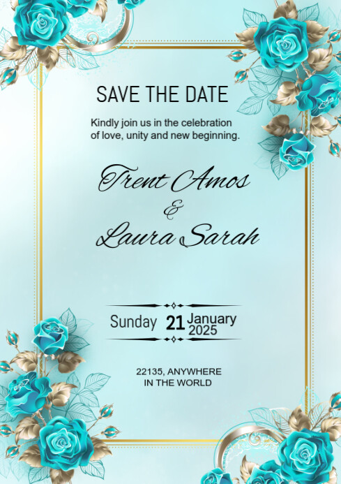 Aqua Maximalist Wedding Invitation Card A4 Template | PosterMyWall