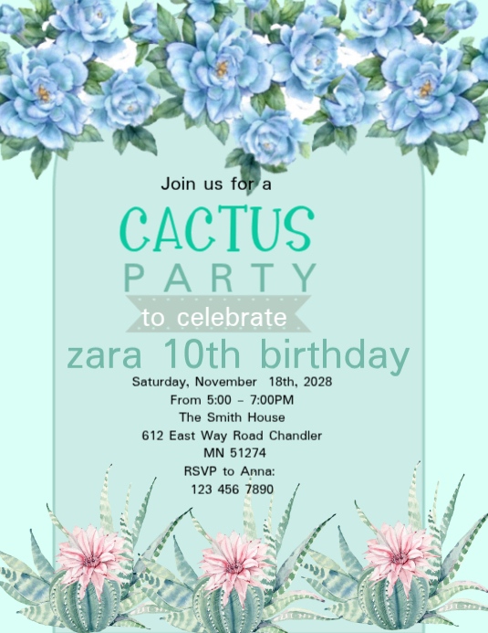 Plantilla de Aqua Modern & Minimal Blue Flowers Cactus Desert Party ...