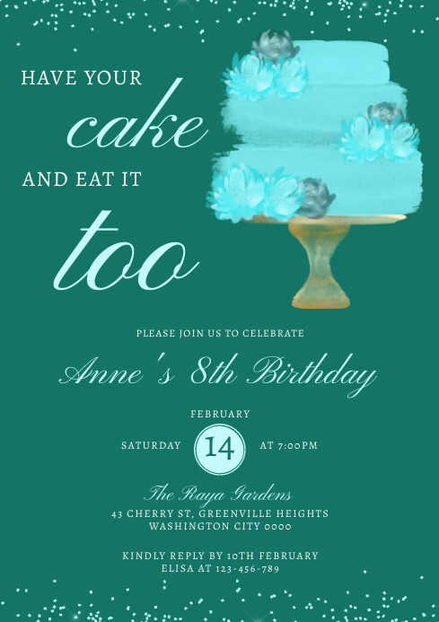 Aqua Modern & Minimal Cake Birthday Invitatio Template | PosterMyWall