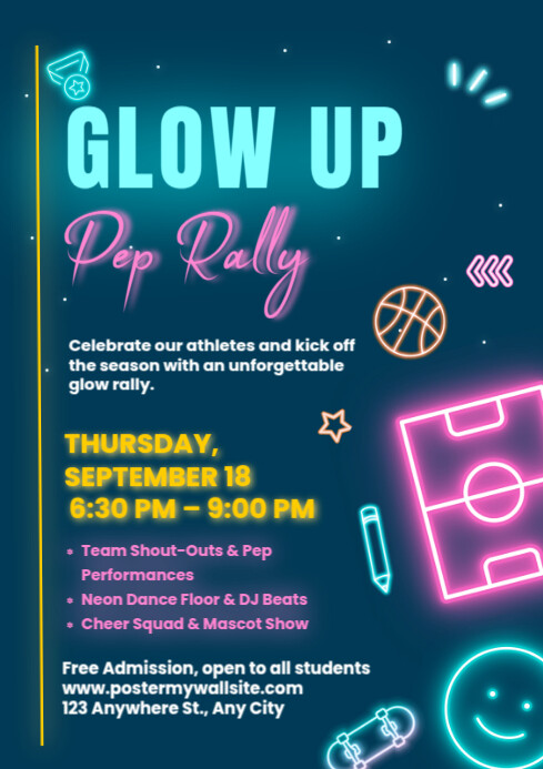 Plantilla de Aqua Neon Glow Up Pep Rally A4 | PosterMyWall