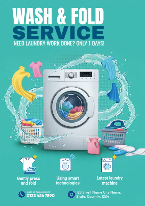 Aqua Professional Laundry Services Flyer Template A4 | PosterMyWall