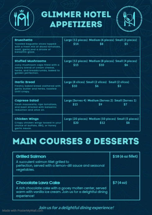 Aqua Typographic Menu For Appetizers, ,main Courses And Desserts. A4 ...