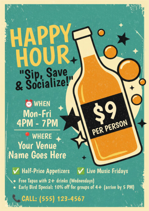 Copy of Aqua Vintage Happy Hour A5 | PosterMyWall